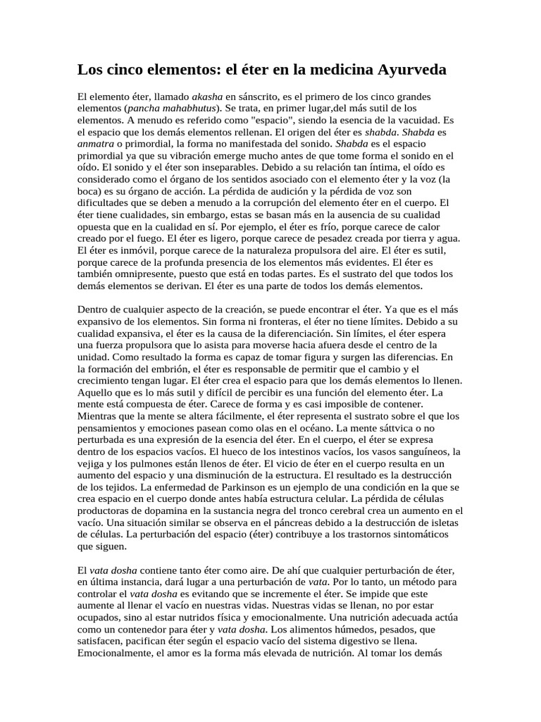 Éter en Ayurveda: Elemento y Salud | PDF | Dieta | Alimentos