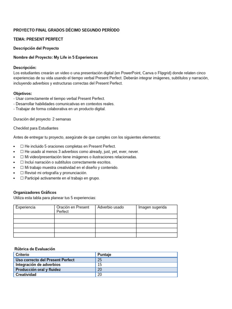 Proyecto de Present Perfect en Video | PDF