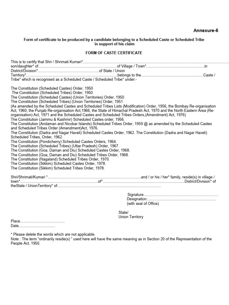 SC/ST Caste Certificate Format | PDF | South Asia | Demographics Of India