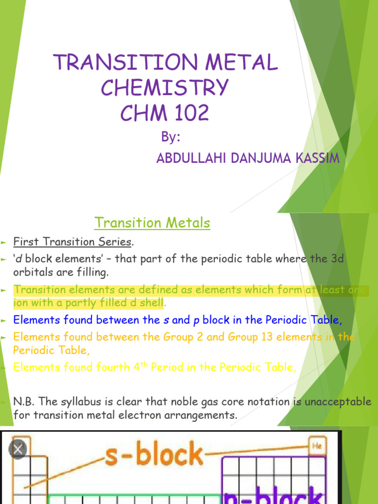 CHM 102 - Transion Metal Chemistry | PDF | Transition Metals | Coordination Complex