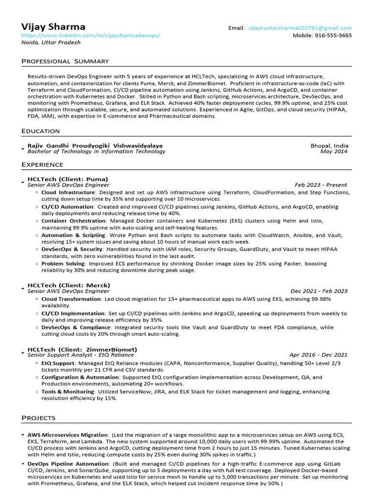 DevOps Engineer Resume - AWS & CI/CD Expert | PDF | Cloud Computing ...