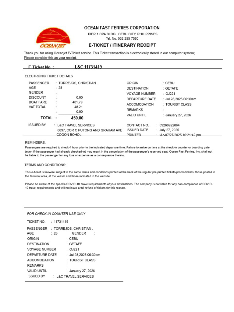Ocean Fast Ferries E-Ticket Receipt | PDF | Public Transport