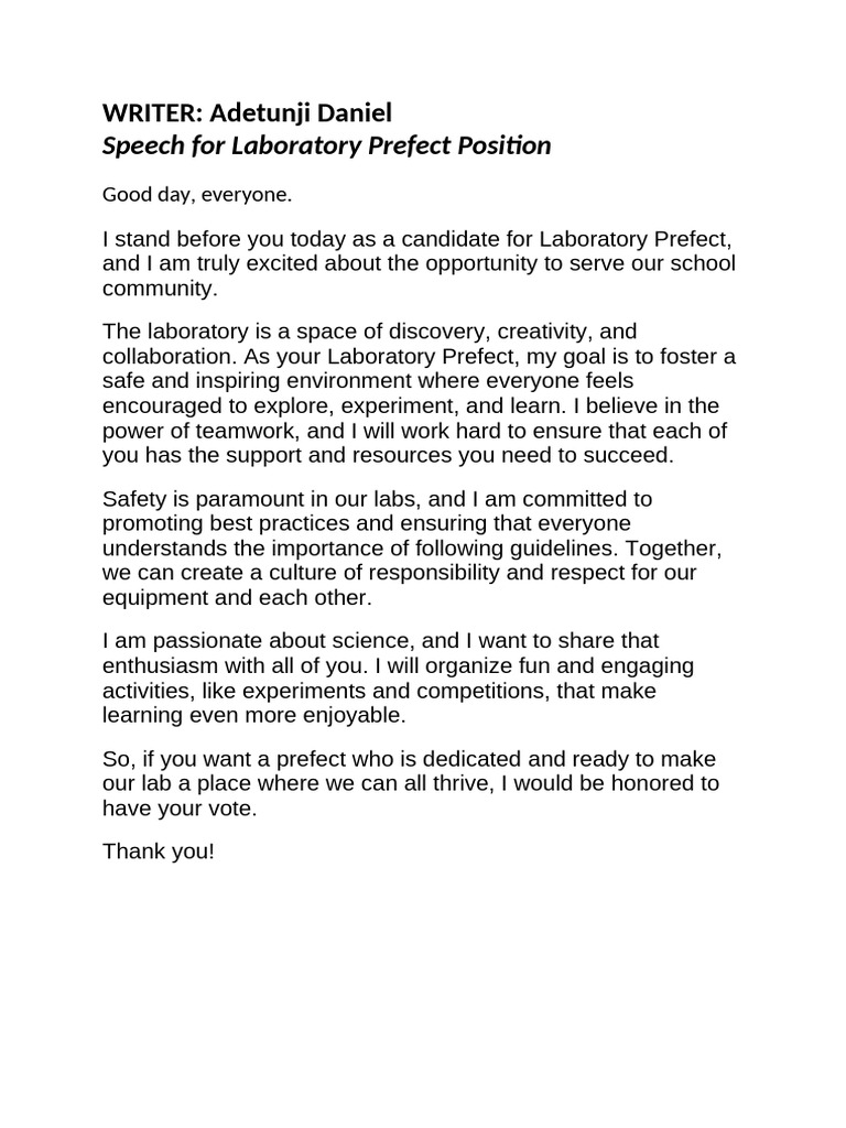 Laboratory Prefect Manifesto Speech | PDF