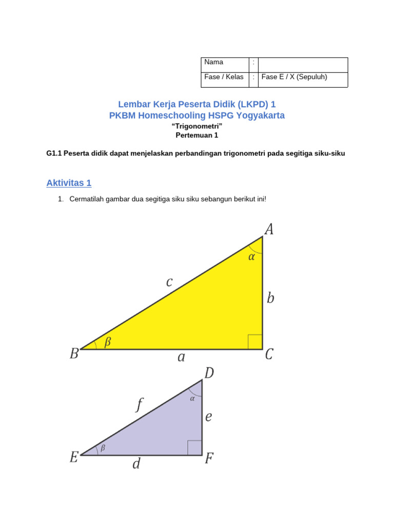 LKPD 1 10 Sma Perb. Trigonometri | PDF