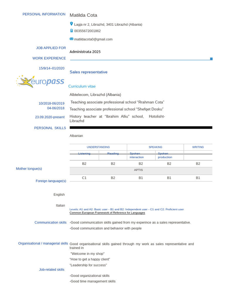 Europass CV of Matilda Cota | PDF | Human Communication | Learning