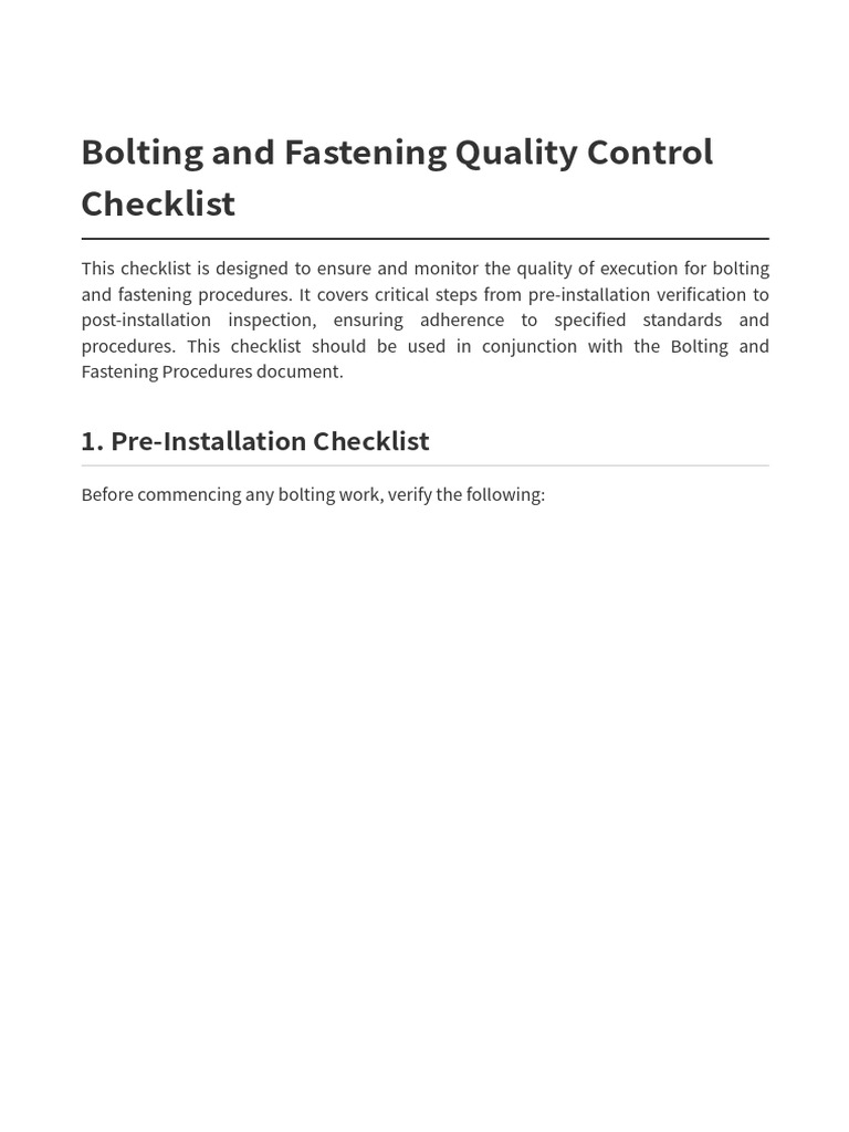 Bolt Torque Quality Control Checklist | PDF | Mechanical Engineering