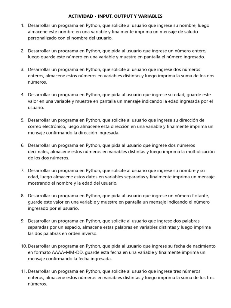 Actividad - Input, Output y Variables | PDF | Python (lenguaje de programación) | Variable ...