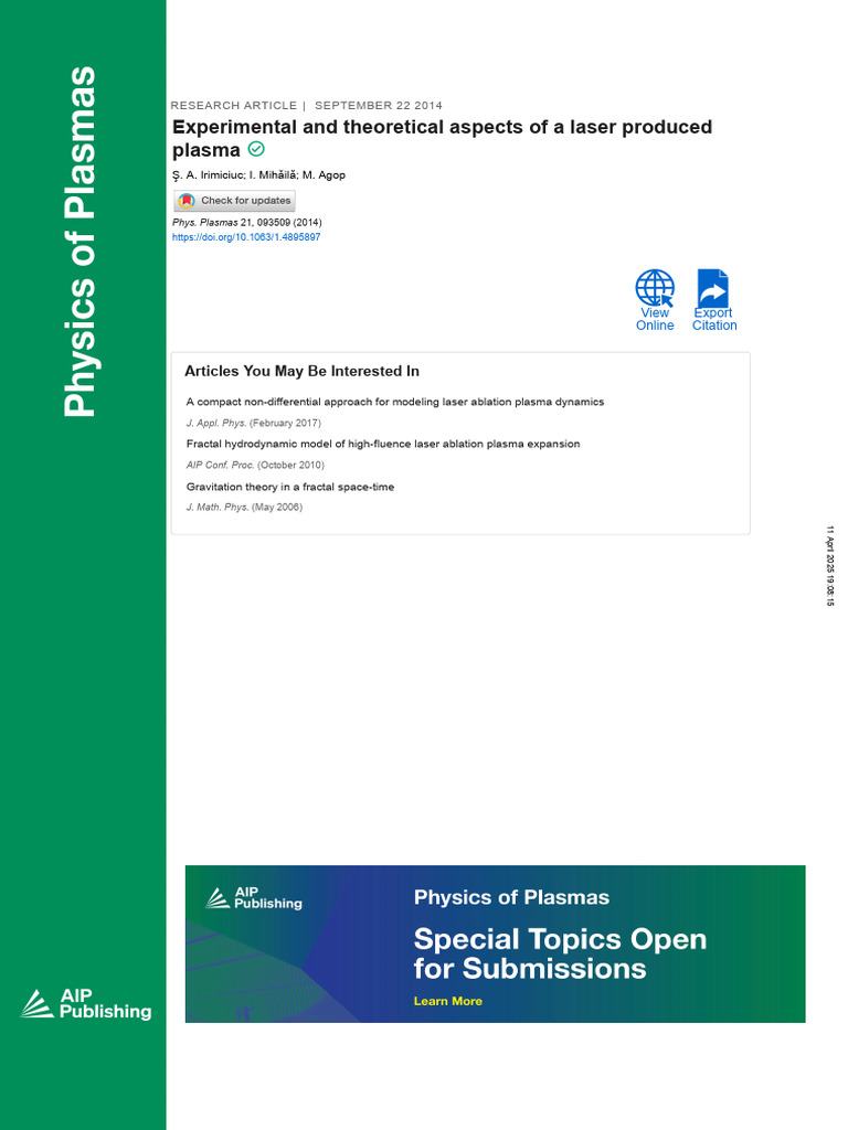 Laser Produced Plasma Dynamics Study | PDF | Electron | Plasma (Physics)
