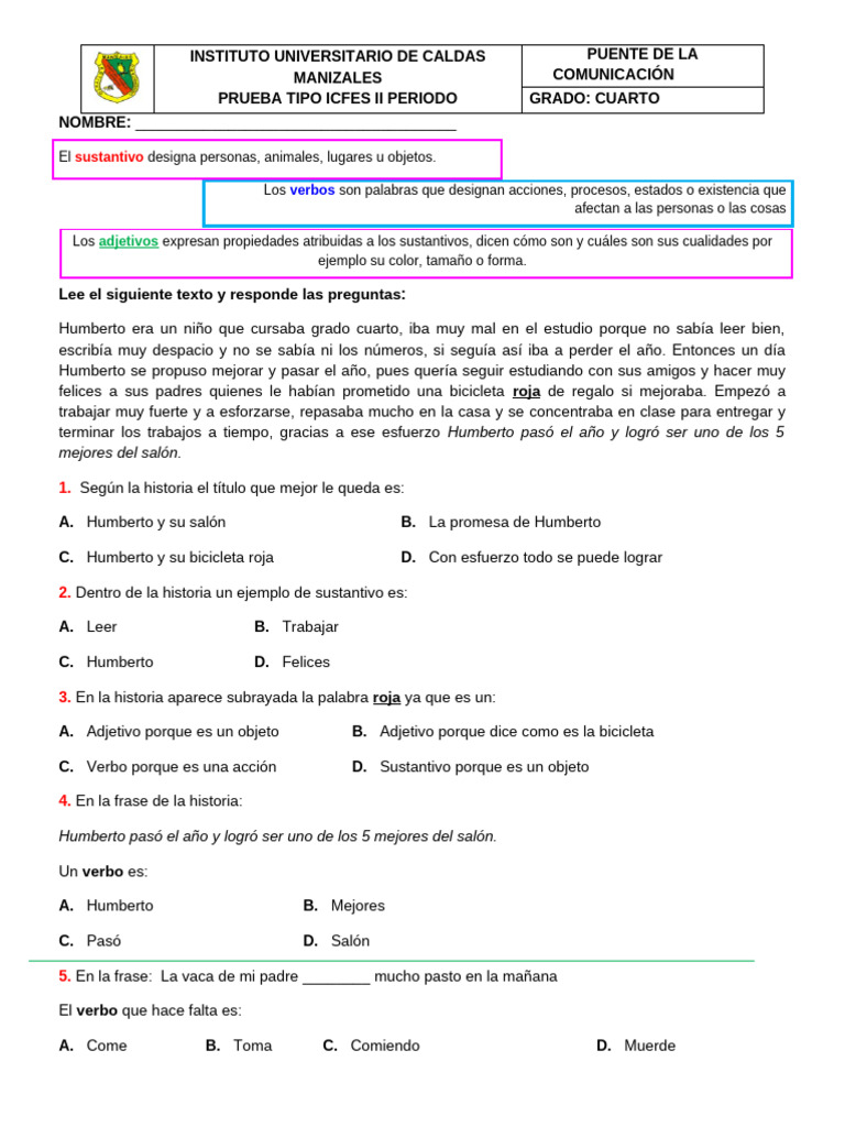 Prueba Saber II Periodo - Castellano | PDF | Sintaxis | Gramática