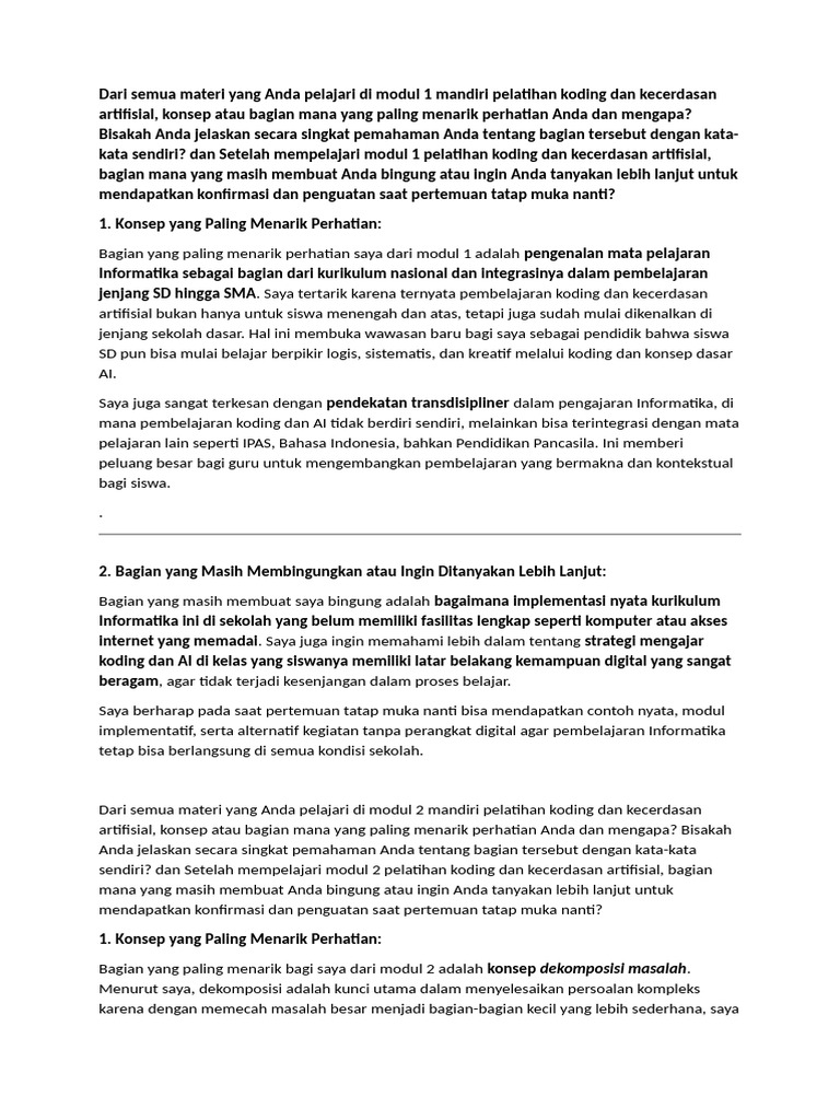 Refleksi Pembelajaran Koding AI Modul 1-5 | PDF