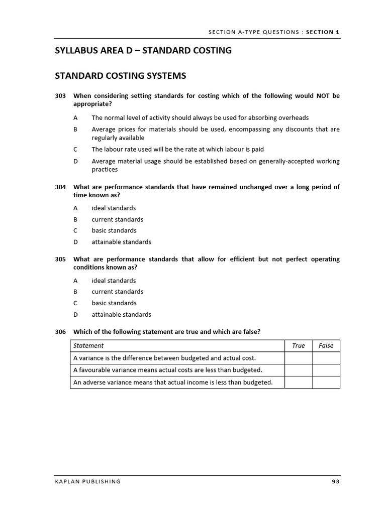 Standard Costing and Variance Analysis (KAPLAN KIT QUESTIONS) | PDF | Expense | Cost