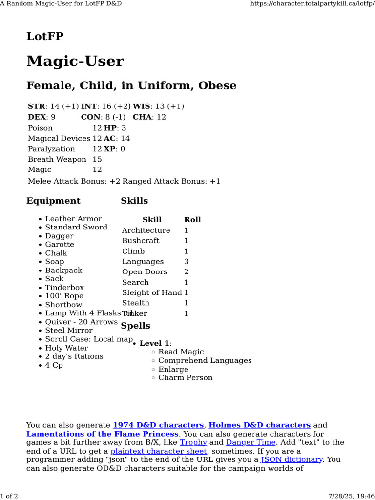 A Random Magic-User For LotFP D&D | PDF | Dungeons & Dragons | Role Playing Games