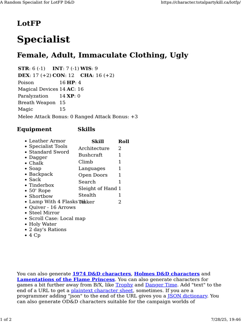 A Random Specialist For LotFP D&D | PDF | Dungeons & Dragons | Role ...