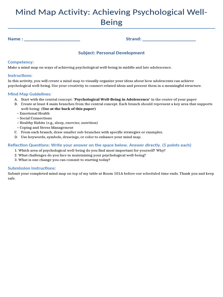 Mind Map Activity Psychological Wellbeing | PDF