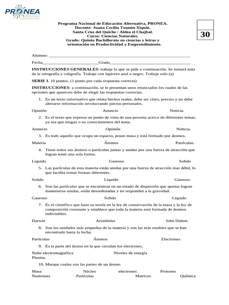 Evaluación Final PRONEA Naturales | PDF | Química | Importar