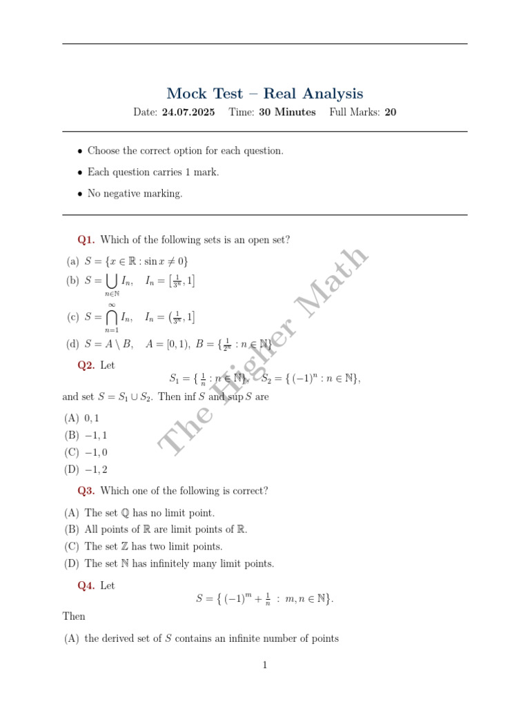 Real Analysis Mock Test 2025 | PDF | Real Analysis
