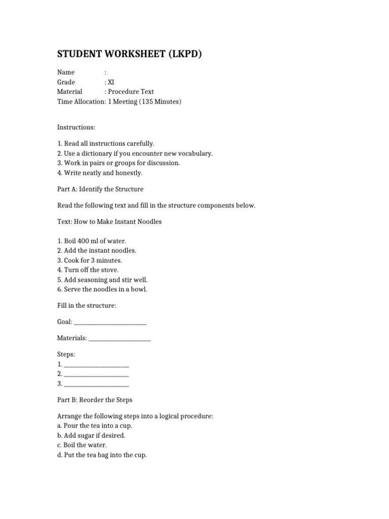 Student Worksheet Procedure Text Grade XI | PDF