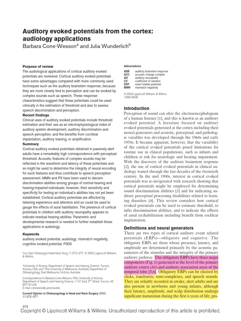 Auditory Evoked Potentials From The Cortex Audiology Applications | PDF ...