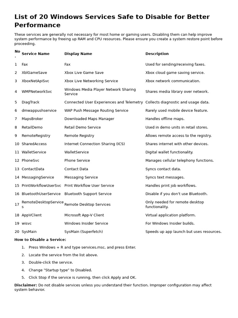 Safe Windows Services to Disable for Performance | PDF | Microsoft ...