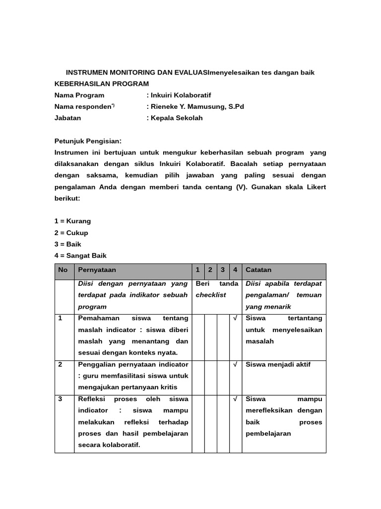 Instrumen Monev Program Inkuiri Kolaboratif | PDF