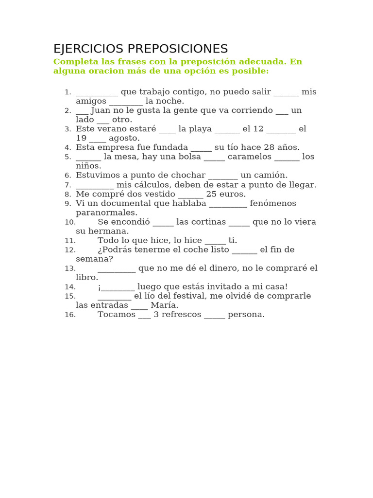 Ejercicios Preposiciones | PDF