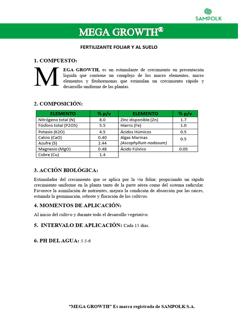 Fertilizante Foliar Mega Growth SAMPOLK | PDF | Agua | Fertilizante