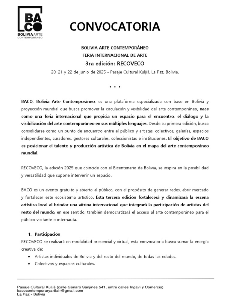 BACO 2025 - Convocatoria | PDF | Arte contemporáneo | Bolivia