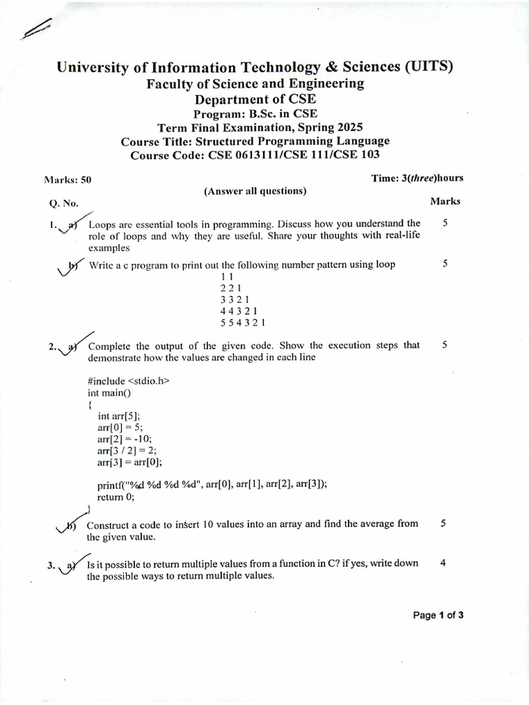 Structured Programming Language Term Final Examination, Spring 2025 | PDF