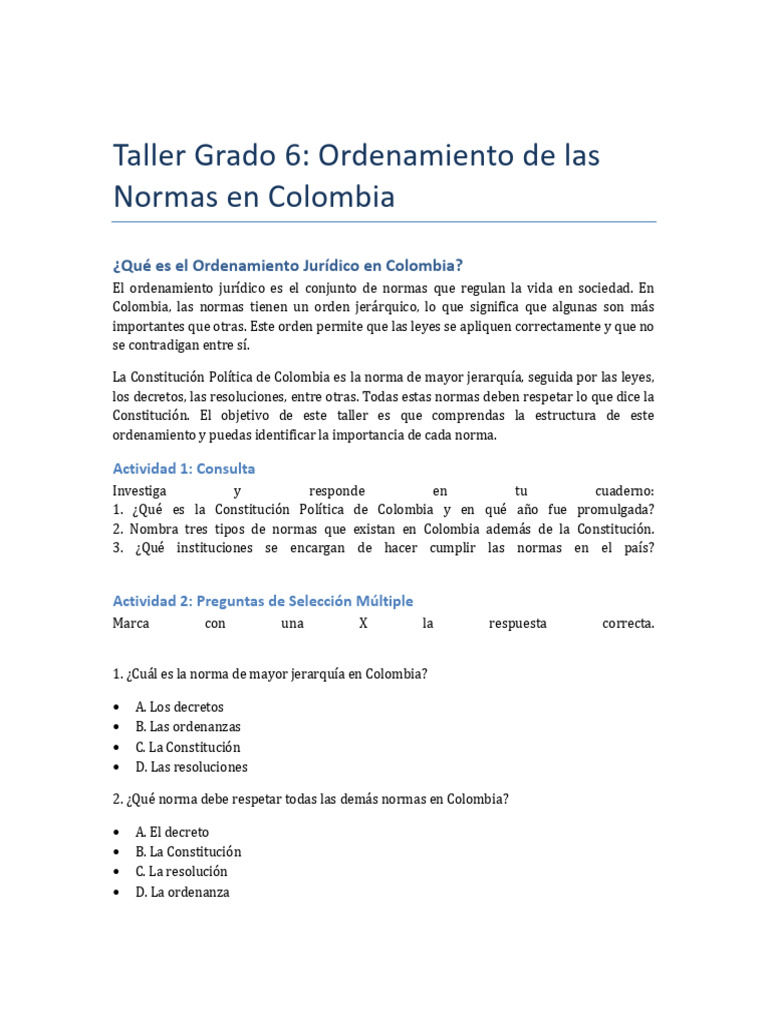 Taller Ordenamiento Normas Colombia Grado6 | PDF
