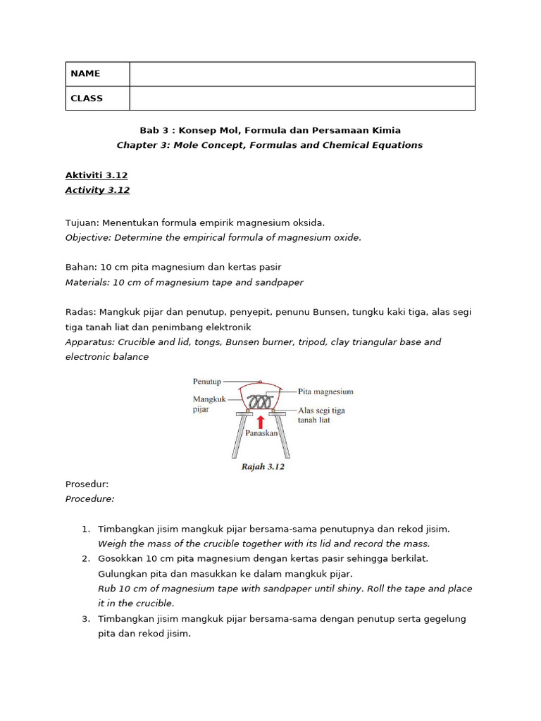 Name Class: Chapter 3: Mole Concept, Formulas and Chemical Equations | PDF