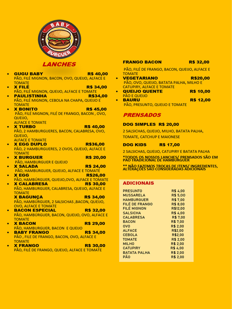 Cardápio de Lanches e Bebidas Variadas | PDF | Hambúrgueres | Culináriar