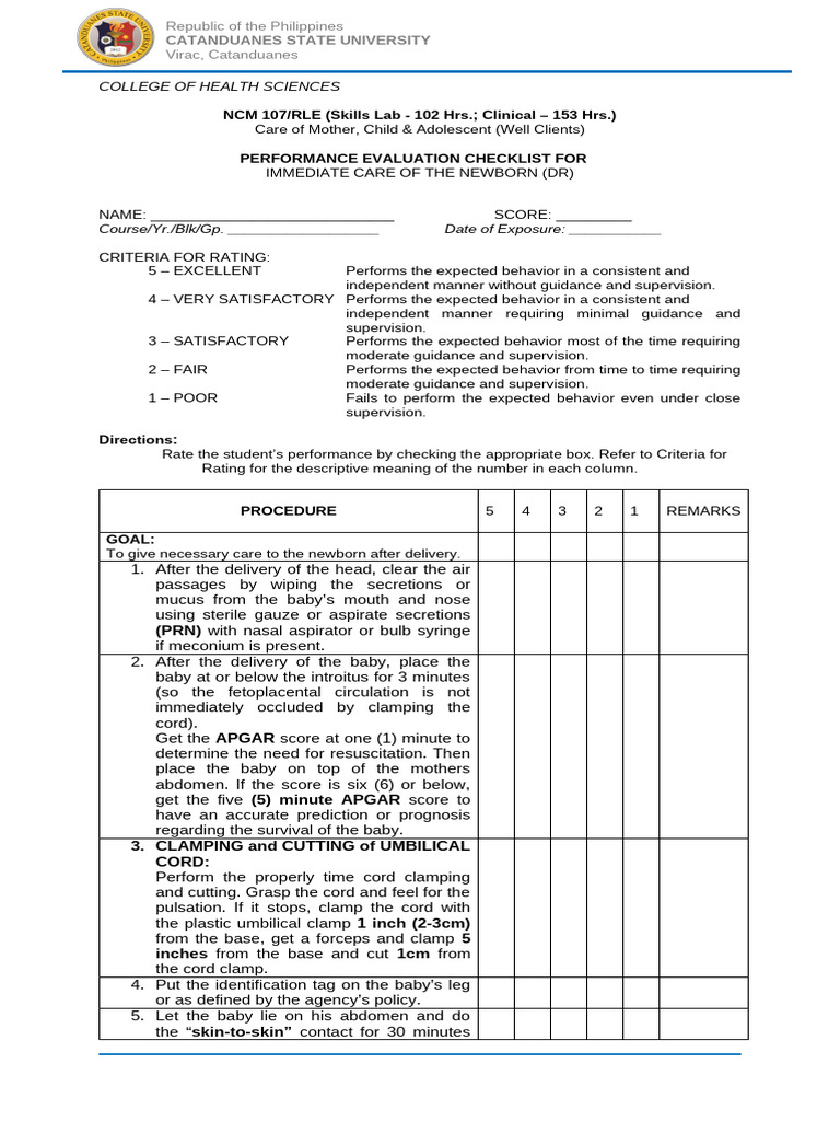 Checklist For Immediate Care of The NB | PDF