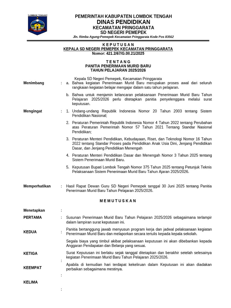 SK Panitia PPDB SD 2025-2026 (Panduanmengajar - Com) | PDF