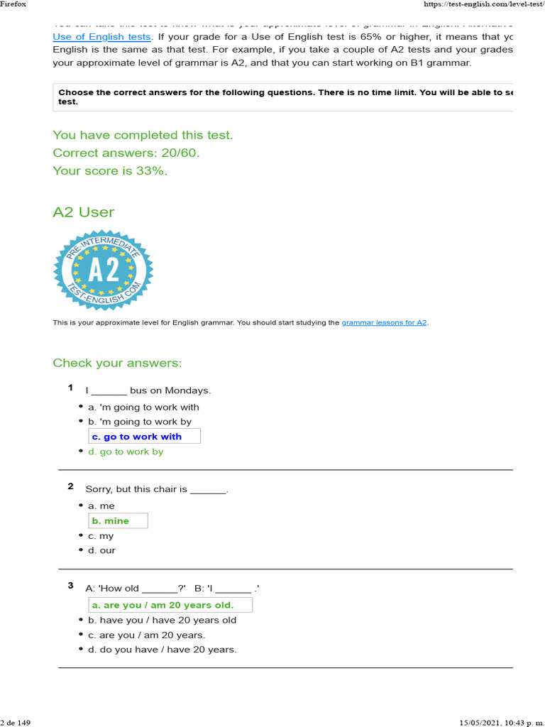 English Grammar Level Test | PDF