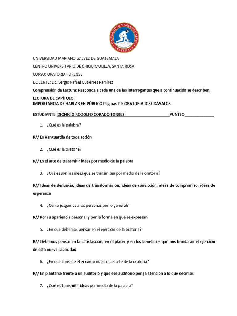 Comprensión de Lectura 1 - Dionicio Rodolfo Corado Torres | PDF | Hablar en público