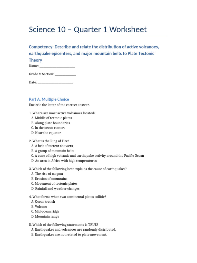 Volcanoes and Plate Tectonics Worksheet | PDF | Volcano | Plate Tectonics