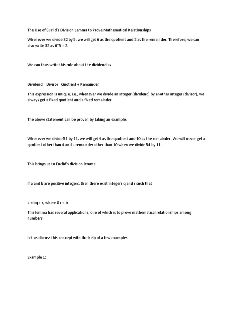 The Use of Euclids Division Lemma To Prove Mathematical Relationships ...