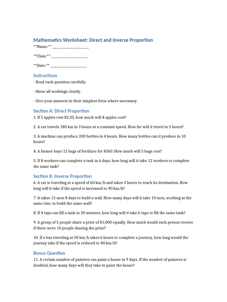 Direct Inverse Proportion Worksheet | PDF