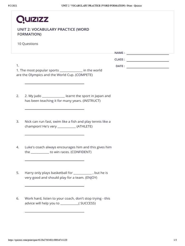 Unit 2 - Vocabulary Practice (Word Formation) - Print - Quizizz | PDF ...