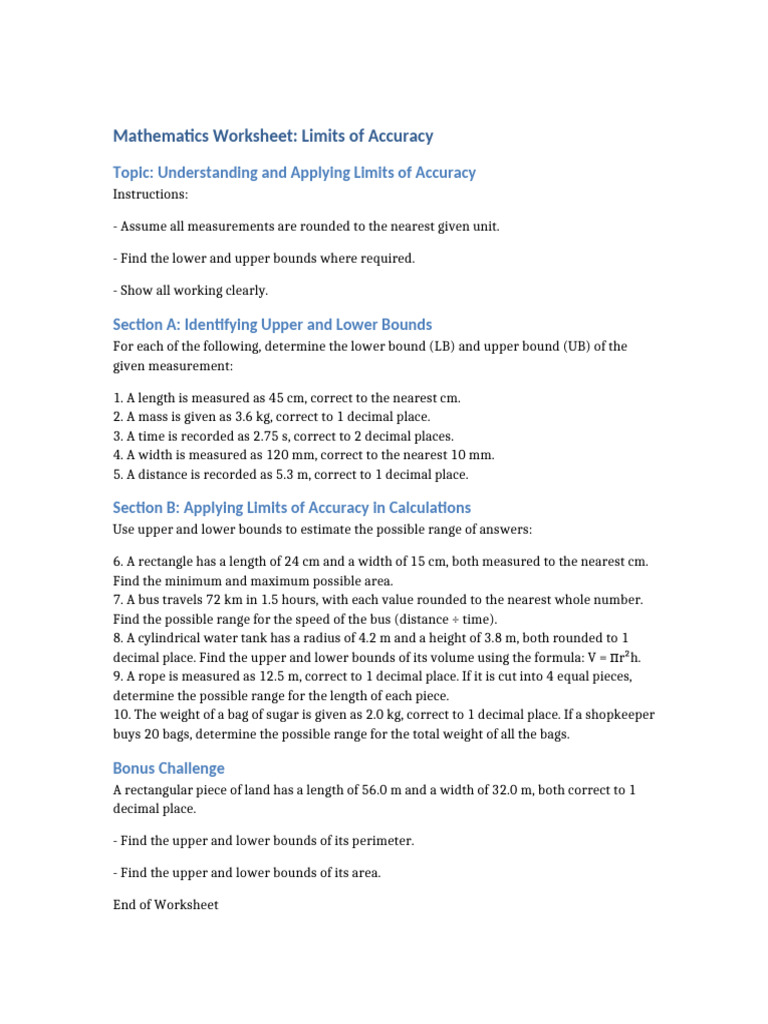 Limits of Accuracy Worksheet | PDF
