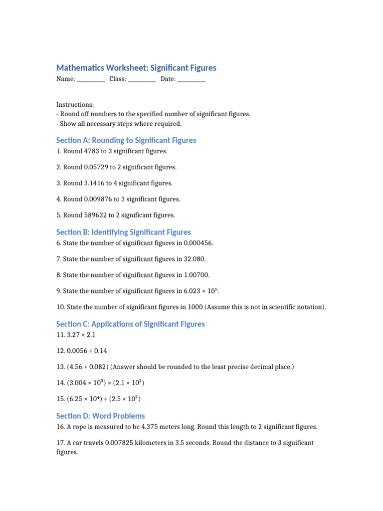Significant Figures Worksheet-1 | PDF