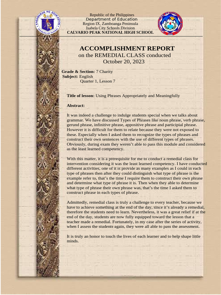 Accomplishment Report Remedial 1st Quarter | PDF