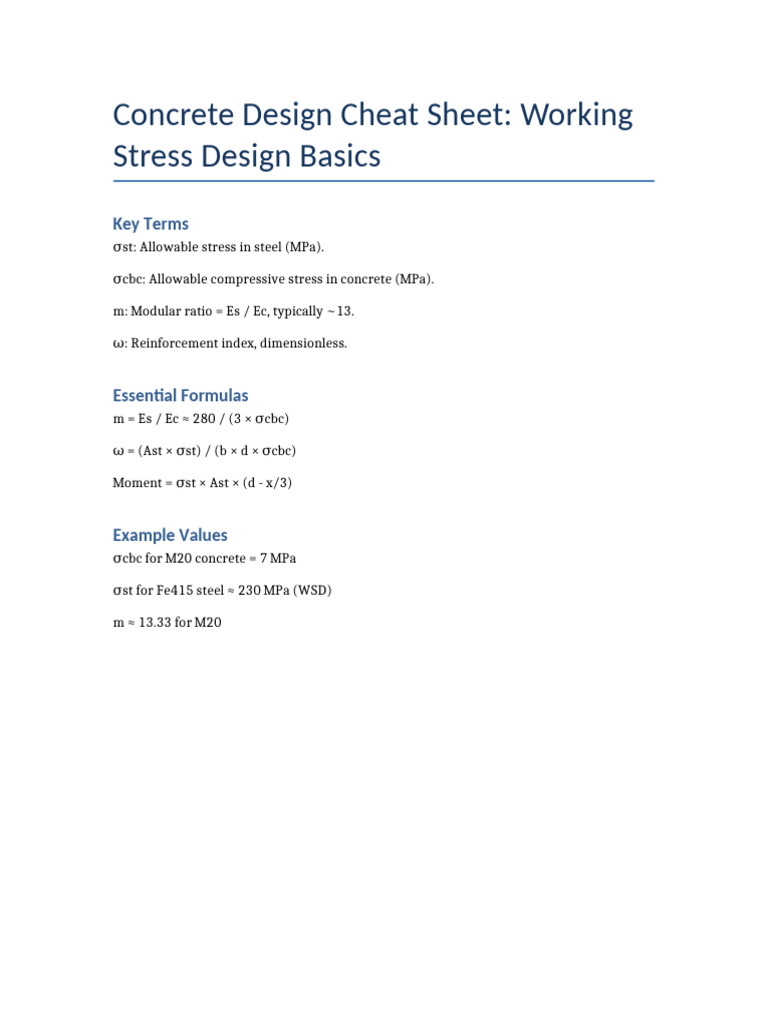 Concrete Design Cheat Sheet Working Stress Design Basics | PDF