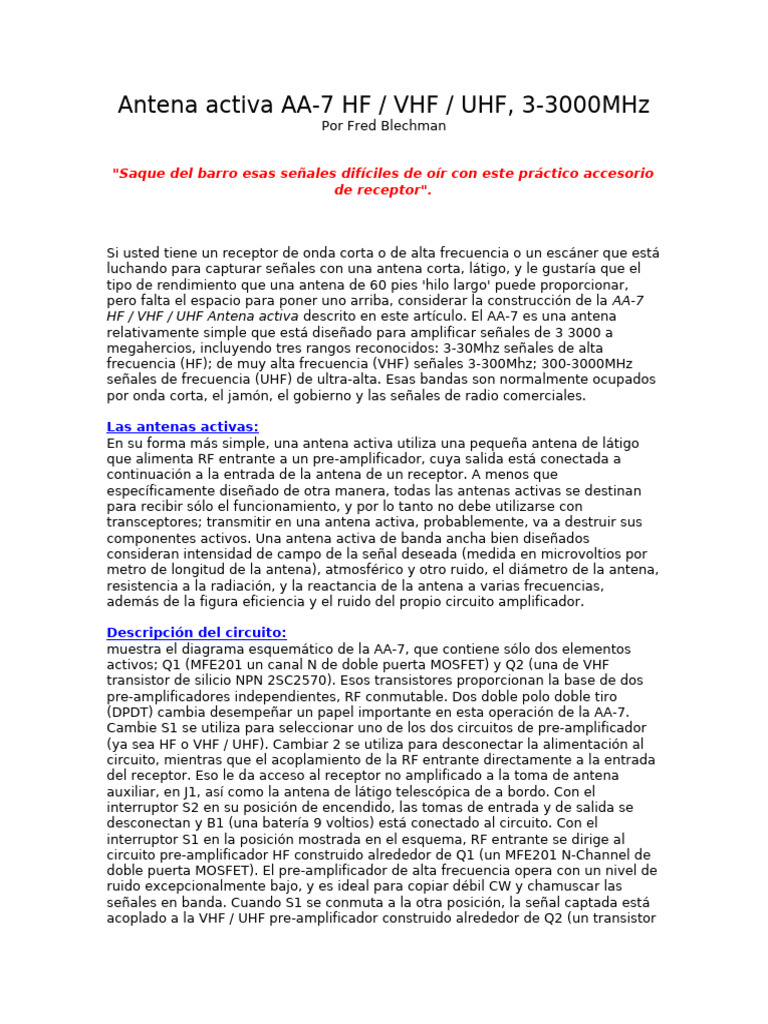 Antena Activa AA-7 HF VHF UHF 3-3000MHz | PDF | Antena (Radio) | Muy ...