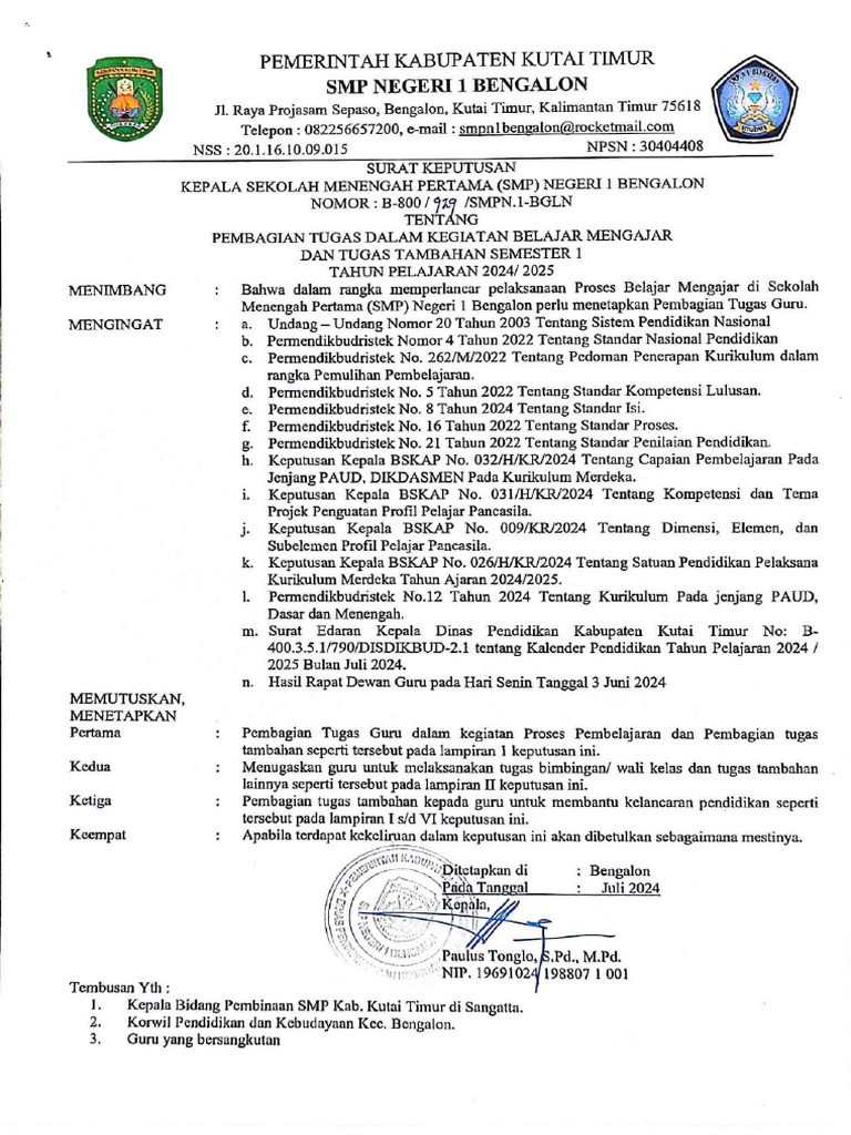 SK Pembagian Tugas TA 2024-2025 (SMT 1) | PDF