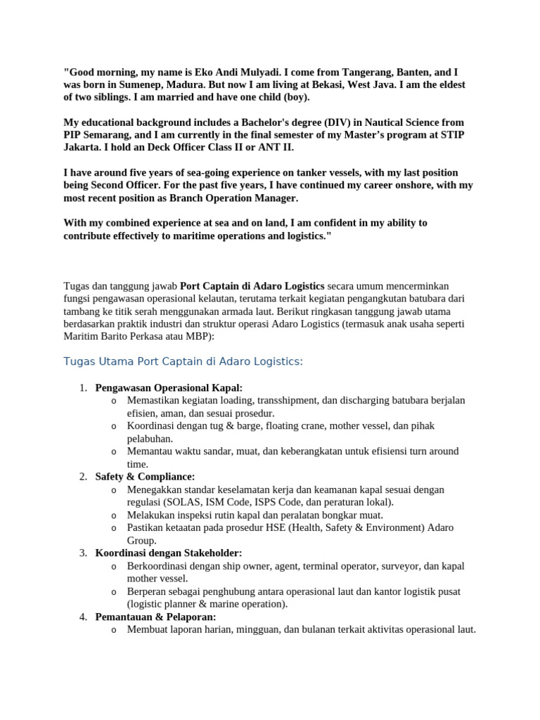 Port Captain Maritim Barito Perkasa (MBP) Adaro Group | PDF