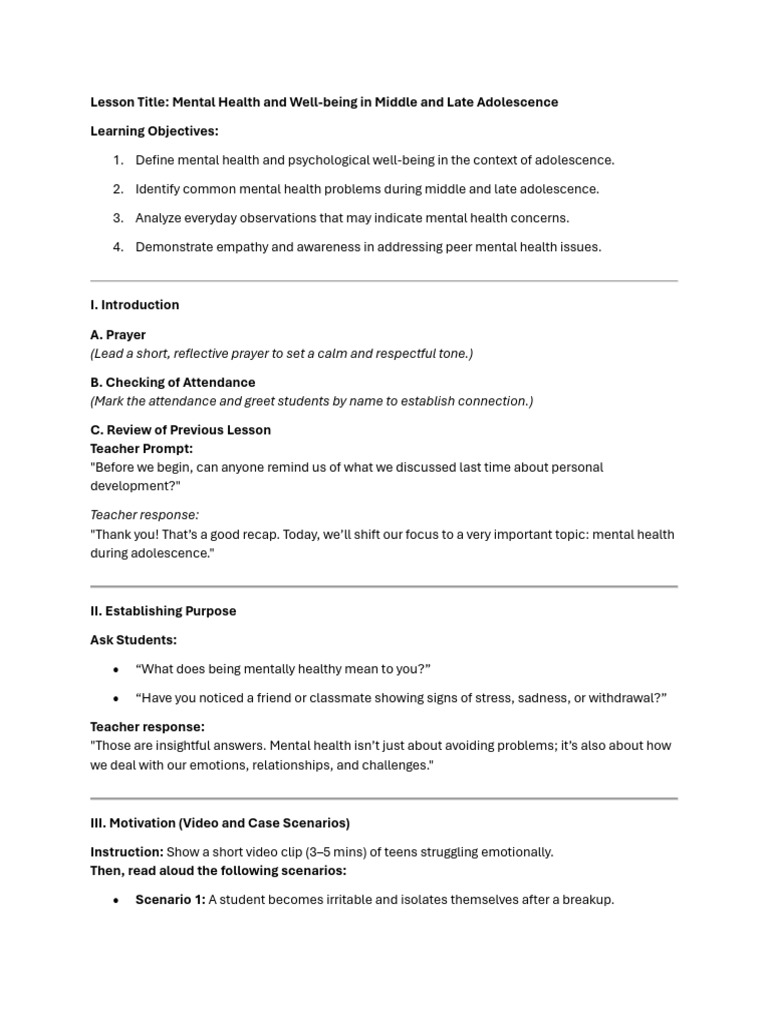 Lesson Title Mental Health and Well-Being in Middle and Late ...