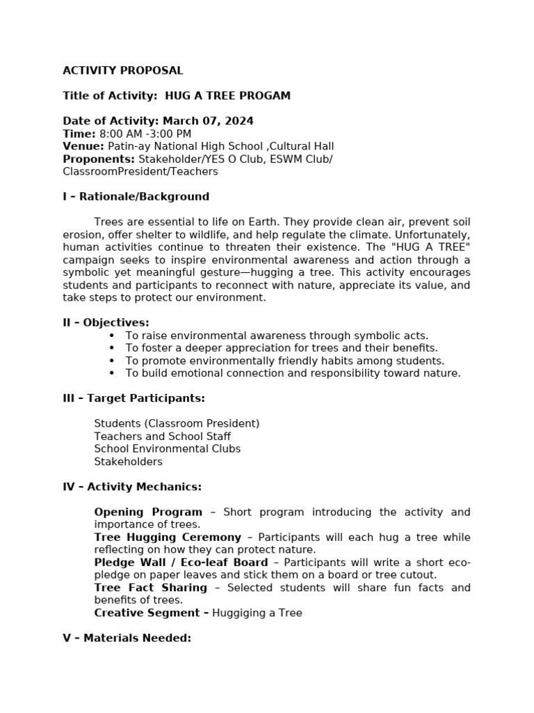 Hug a Tree Program Proposal | PDF | Natural Environment