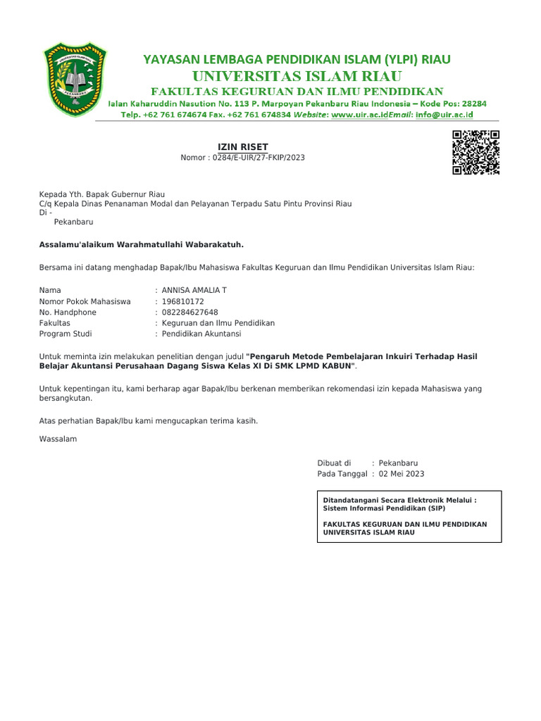 Surat Riset Program Studi Annisa Amalia | PDF