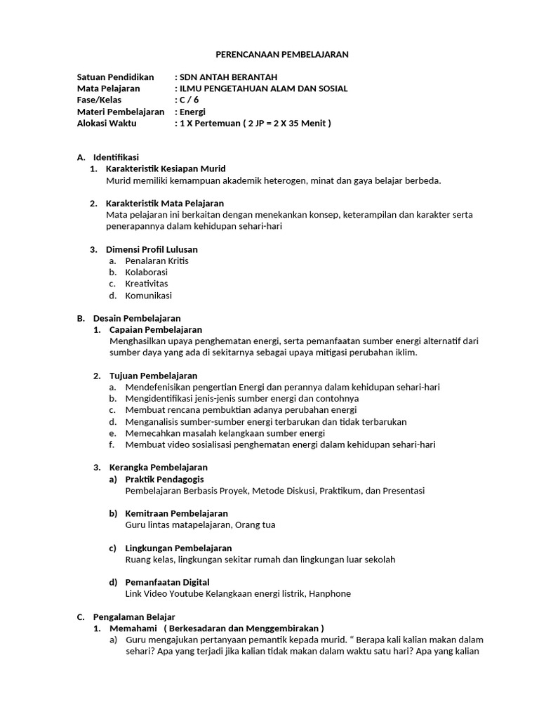 Contoh Perencanaan Pembelajaran PM-SD (Autosaved) | PDF